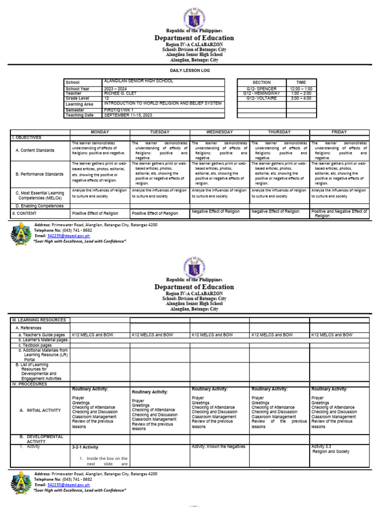 Week-3 - DLL - World Religion | PDF | Classroom Management | Learning