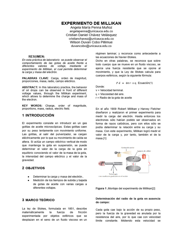 Experimento de la Gota de Aceite de Millikan | PDF | Fuerza | Electrón