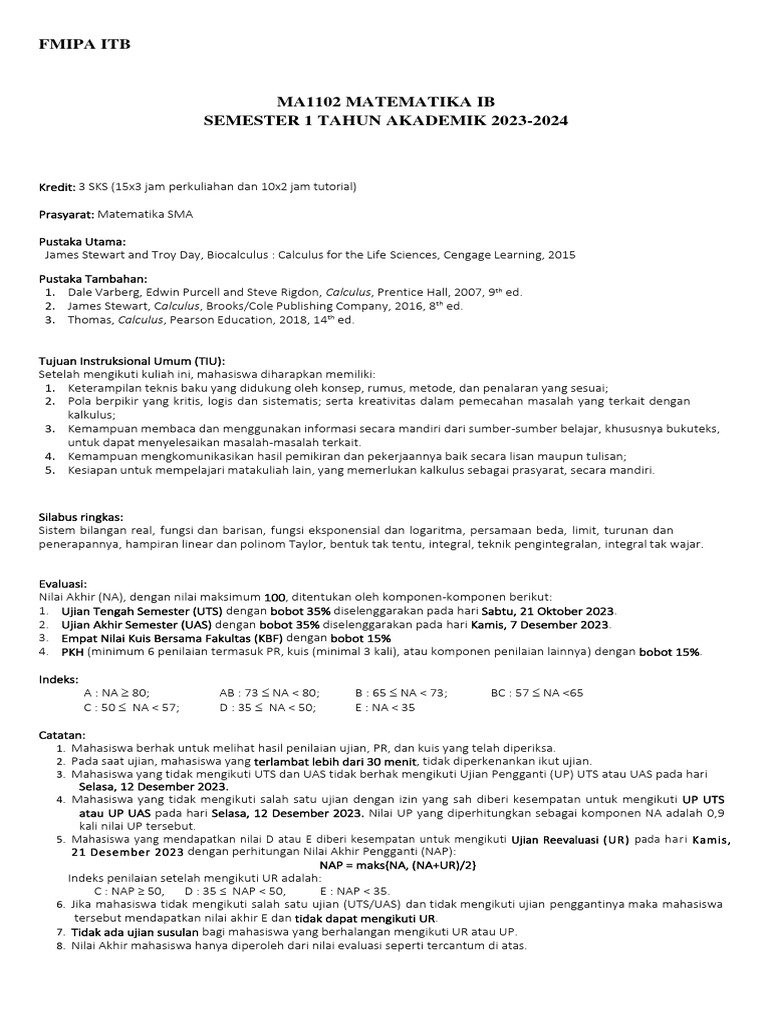 Matematika IB MA1102 ITB 2023-2024 | PDF | Metode & Bahan Ajar