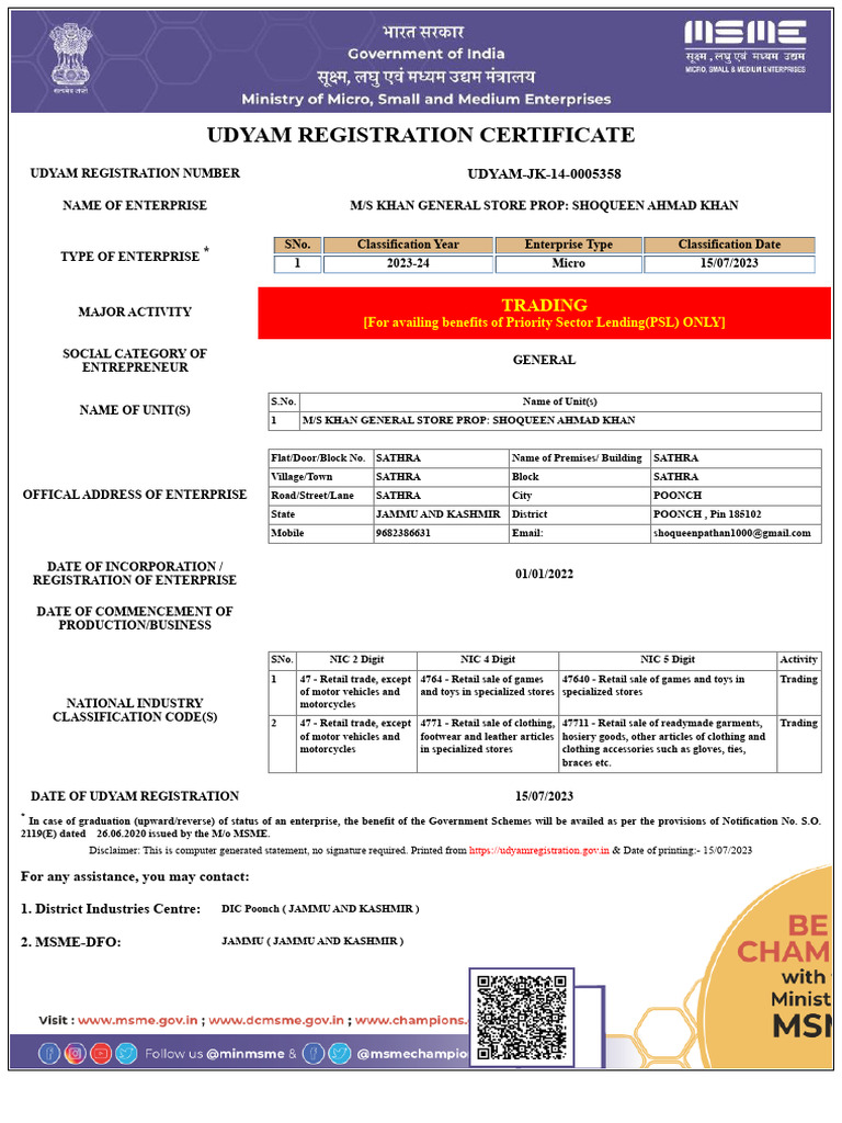 Udyam Registration for Khan General Store | PDF