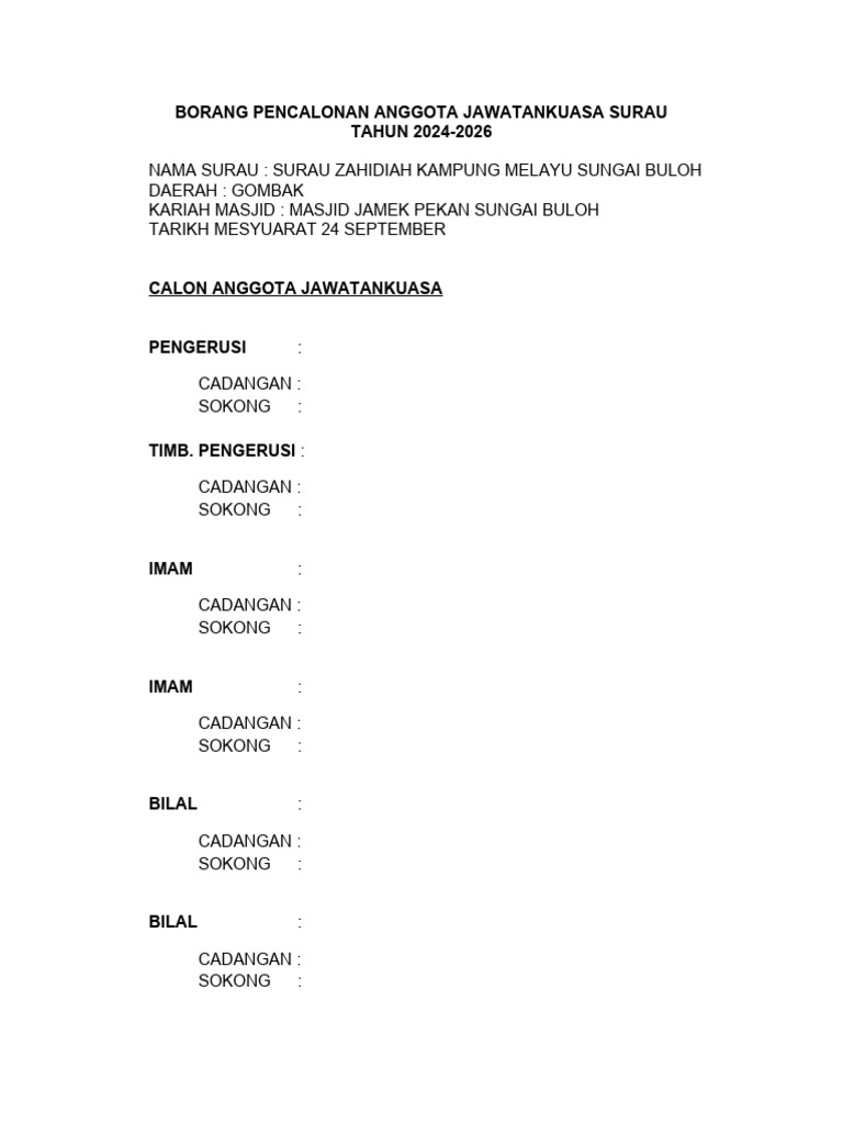 Borang Pencalonan Anggota Jawatankuasa Surau Pdf