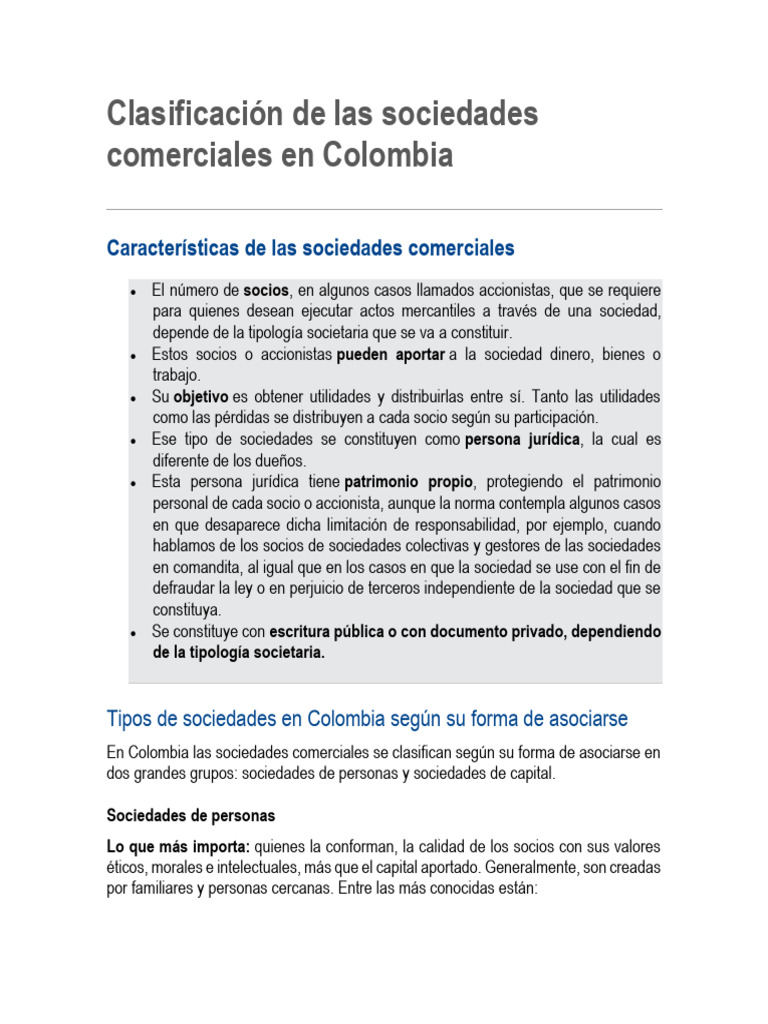 Clasificación de Las Sociedades Comerciales en Colombia | PDF | Sociedad de responsabilidad ...