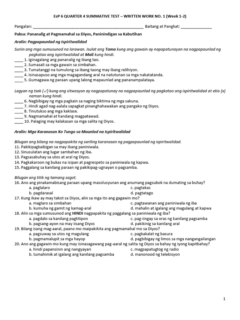 EsP 6 QUARTER 4 SUMMATIVE TEST 1 & 2 | PDF