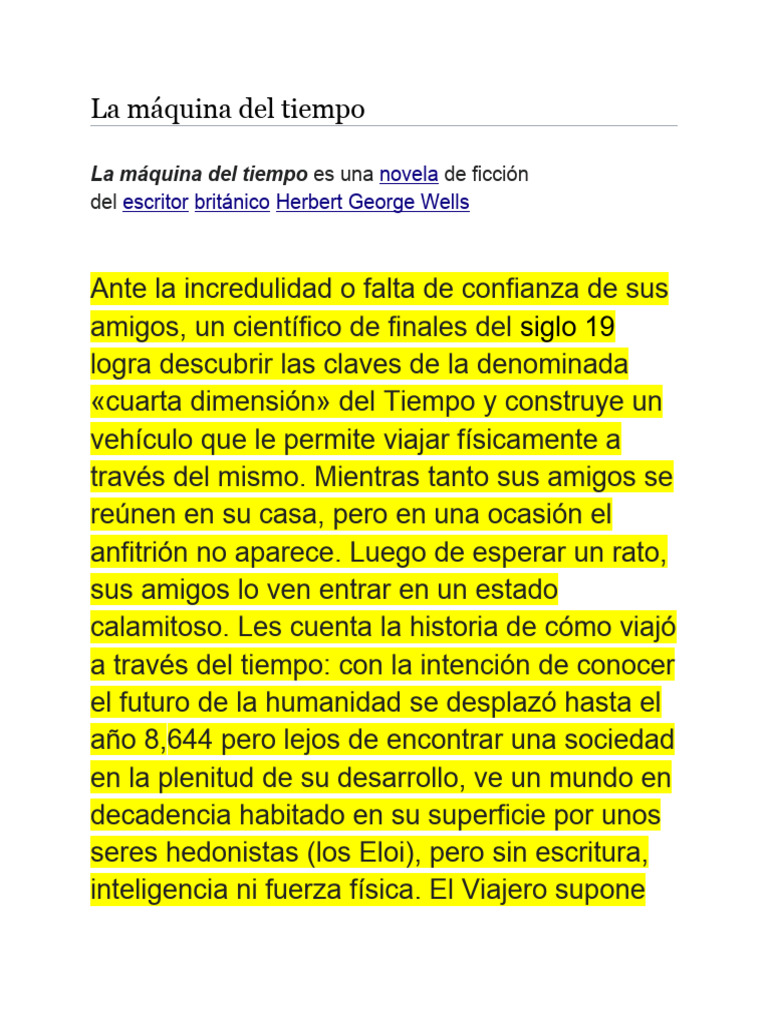 Maquina Del Tiempo Resumen | PDF | La maquina del tiempo