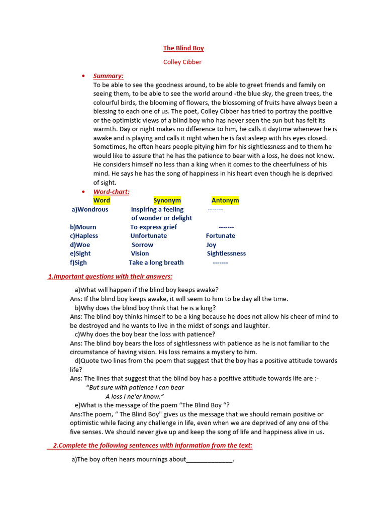 The Blind Boy: Class 6 Questions & Answers | PDF