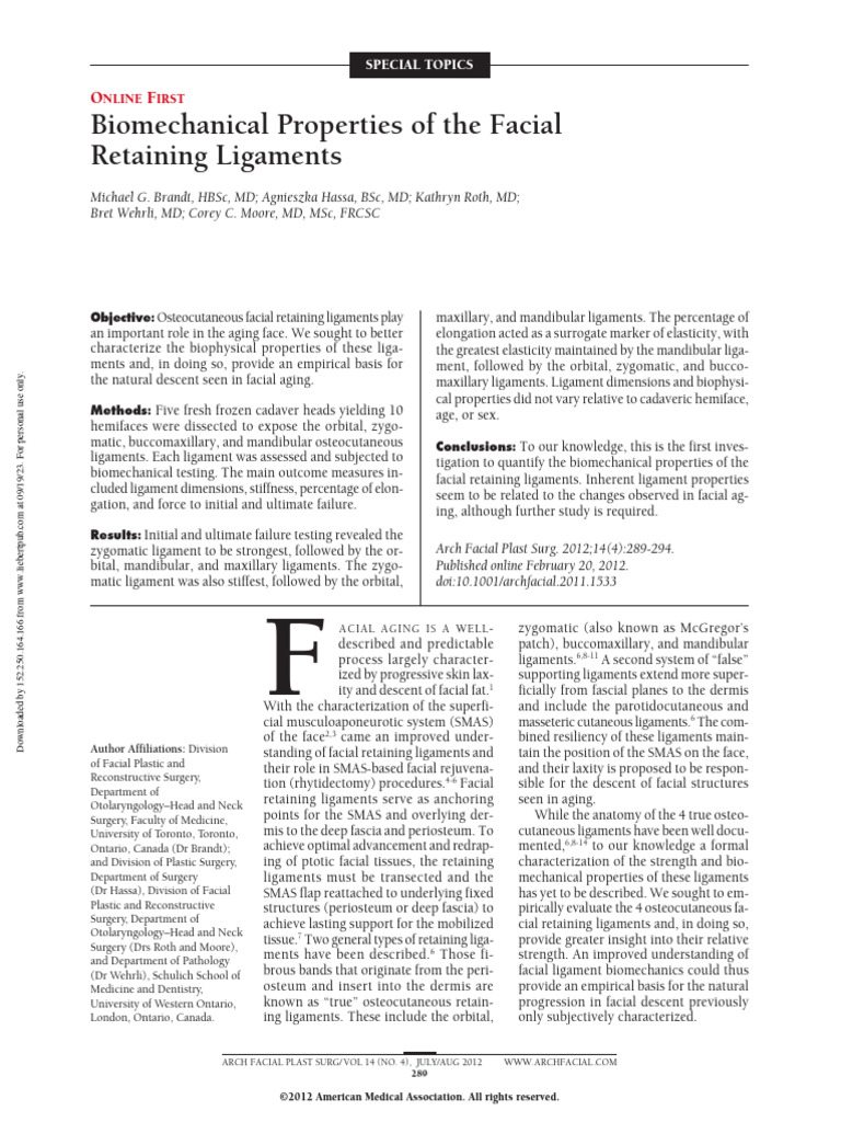 Biomechanical Properties of The Facial Retaining Ligaments | PDF | Anatomy