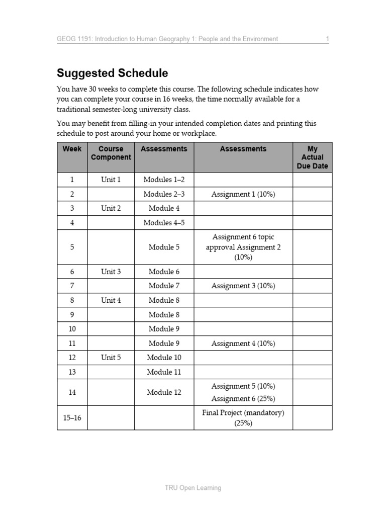 Human Geography Course Schedule Guide | PDF