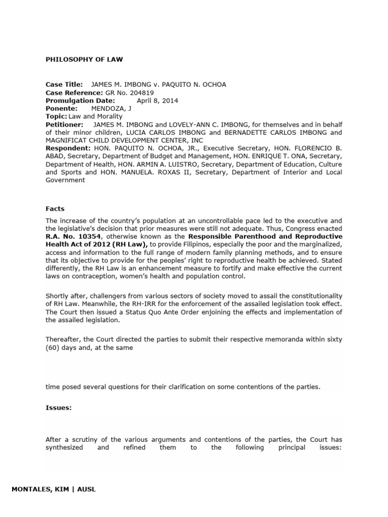 JAMES M. IMBONG v. PAQUITO N. OCHOA | PDF | Standing (Law) | Free ...