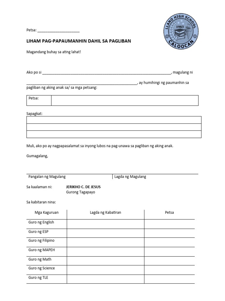 Forms - Liham Pagpapaumanhin | PDF