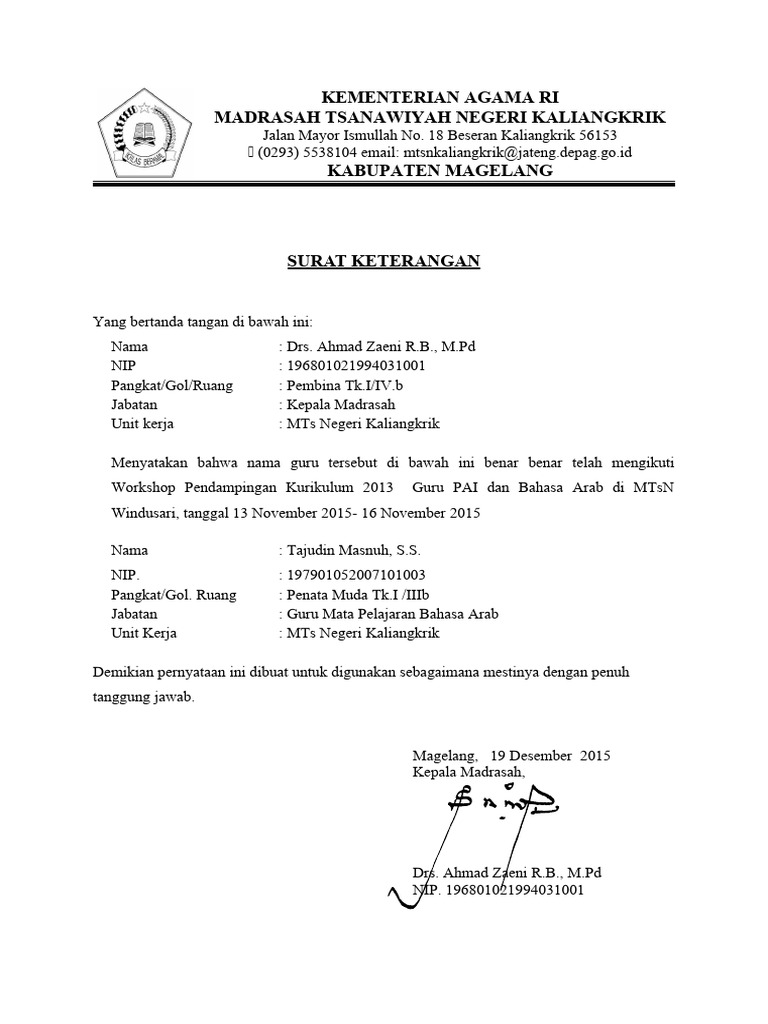 Surat Ket Ikut Diklat Kurtilas WDSR 2015 | PDF