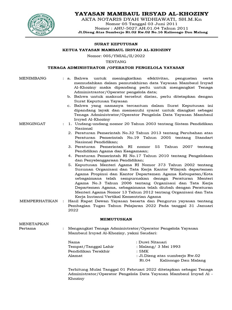 Contoh SK Operator Yayasan | PDF