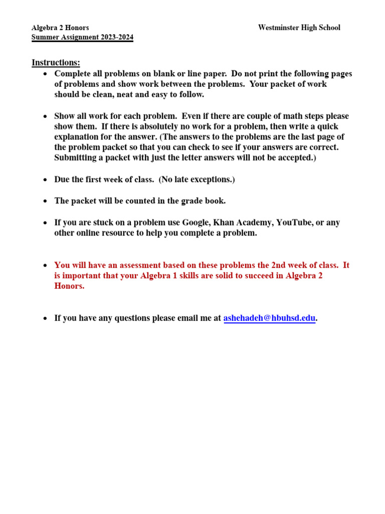 Algebra 2 Honors Assignment 2023-2024 | PDF