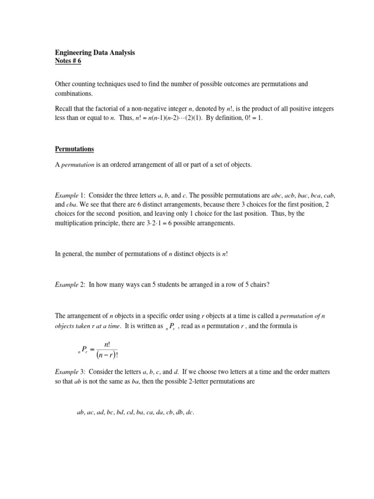 Engineering Data and Analysis - Notes 6 | PDF | Permutation ...