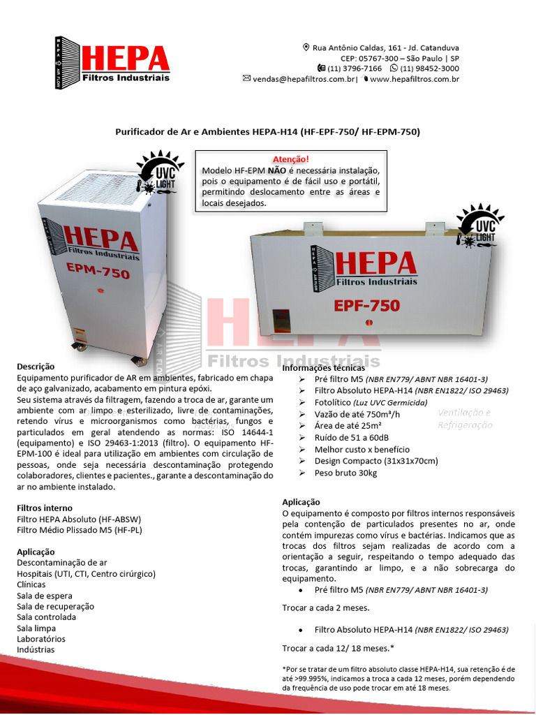 Purificador de Ar e Ambientes HEPA H14 - HF EPM 750 - HF EPF 750 | PDF