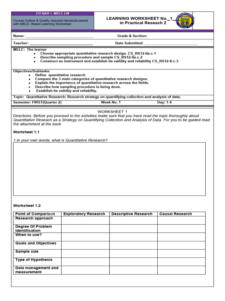 PR 2 Week 1 Worksheets | PDF | Quantitative Research | Validity (Statistics)
