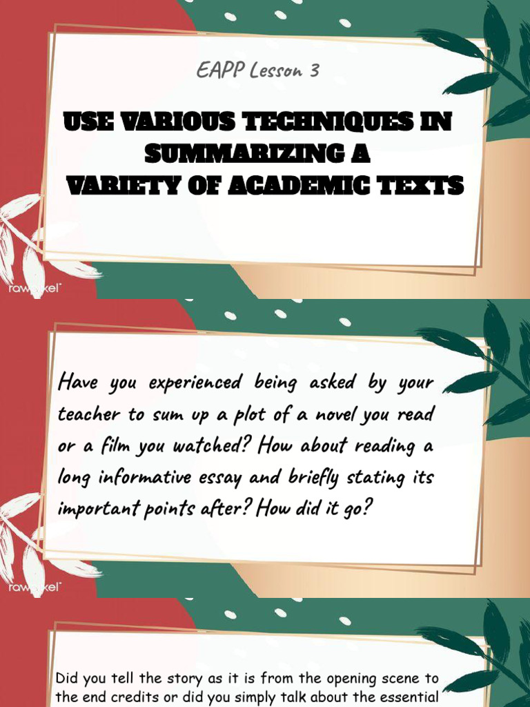 Lesson 3 - USE VARIOUS TECHNIQUES IN SUMMARIZING A VARIETY OF ACADEMIC TEXTS | PDF | Abstract ...