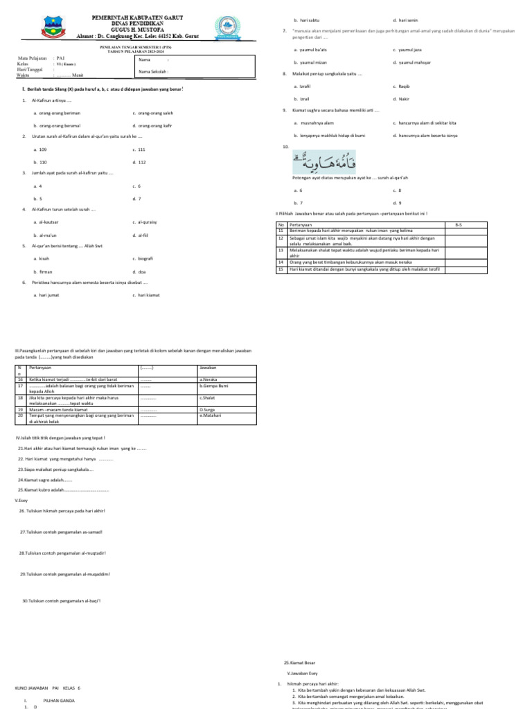 PTS PAI Kelas VI Garut 2023-2024 | PDF