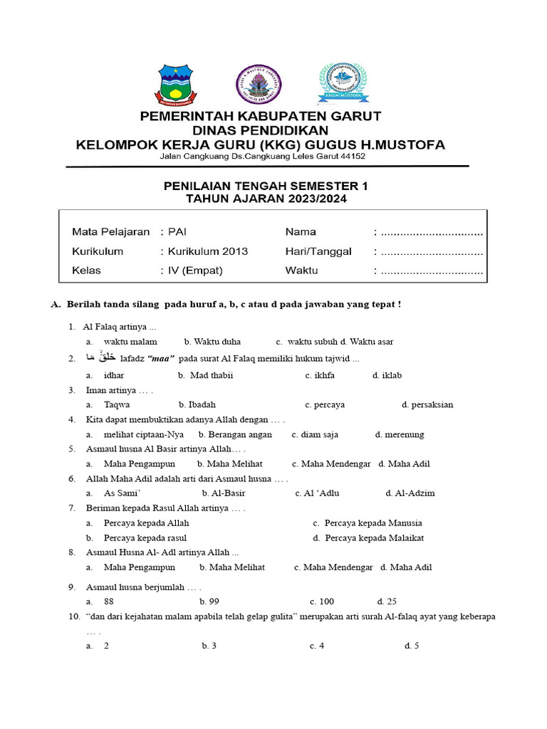 Soal PTS Pai Kelas 4 Semster 1 | PDF