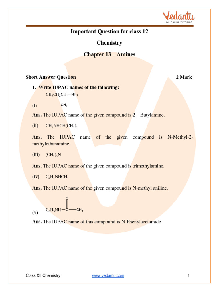 CBSE Class 12 Chemistry Chapter 13 - Amines Important Questions 2023-24 ...