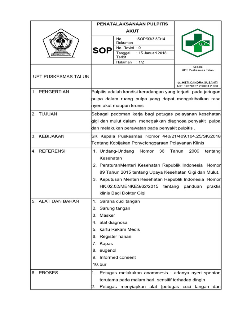 14. SOP PENATALAKSANAAN PULPITIS AKUT | PDF