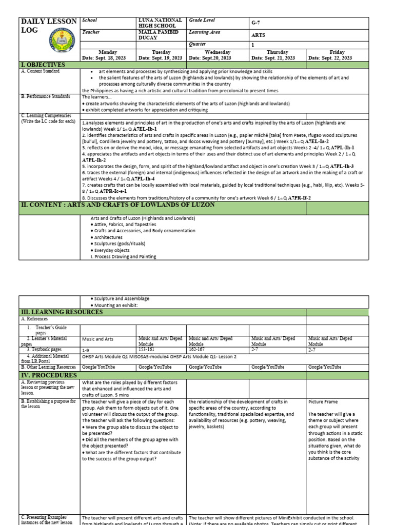 Q1-W4 DAILY-LESSON-LOG-TEMPLATE Arts | PDF