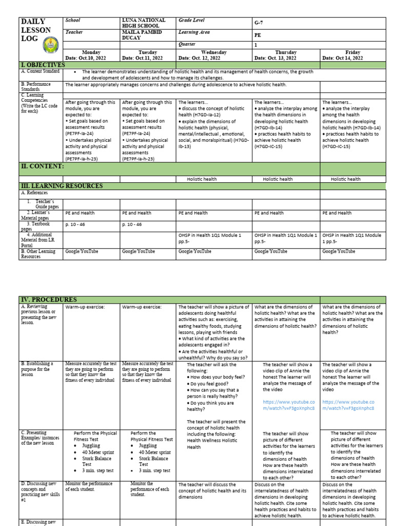 q1 w7 Daily Lesson Log Template Arts | PDF | Learning | Mental Health