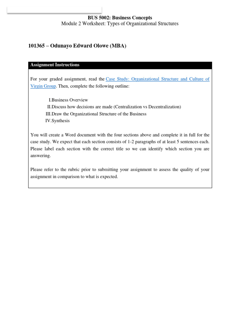 BUS5002 Module 2 Worksheet - 101365 - Odunayo Edward Olowe (MBA) | PDF | Organizational ...