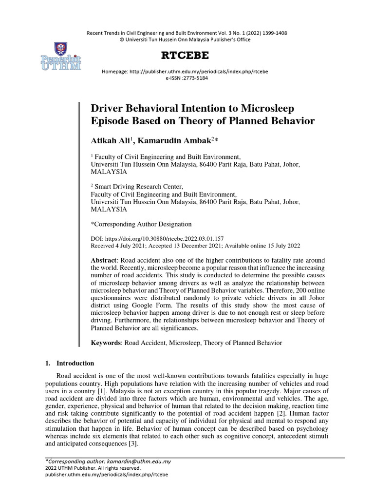 Driver Behavioral Intention To Microsleep Episode Based On Theory of ...