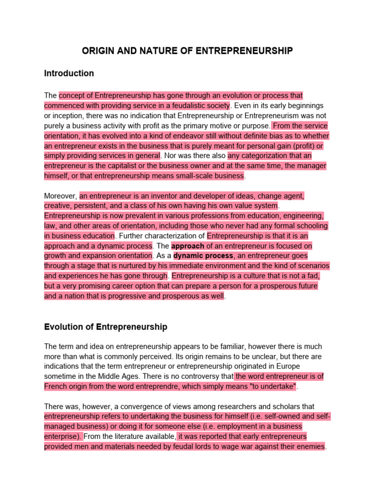 Origin and Nature of Entrepreneurship | PDF | Entrepreneurship | Economies