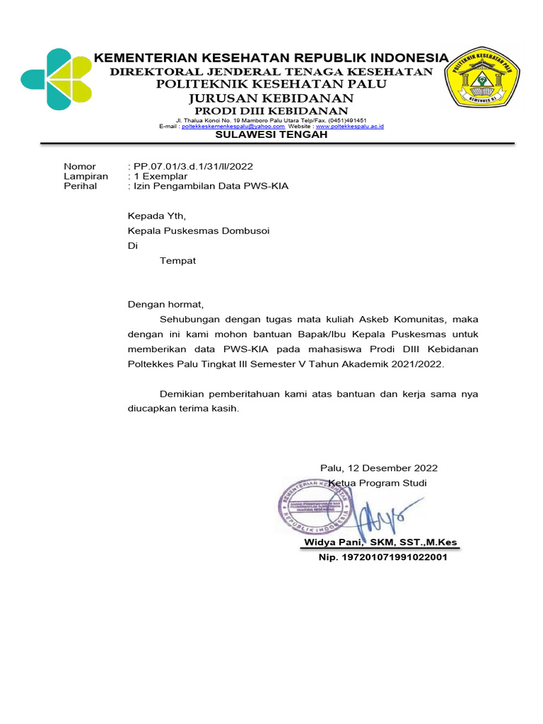 Izin Pengambilan Data PWS-KIA Kebidanan | PDF