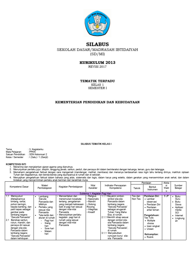 Silabus Kelas 1 Tema 3 | PDF