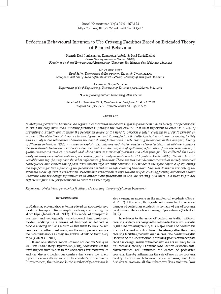 Pedestrian Behavioural Intention To Use Crossing Facilities Based On Extended Theory Of Planned