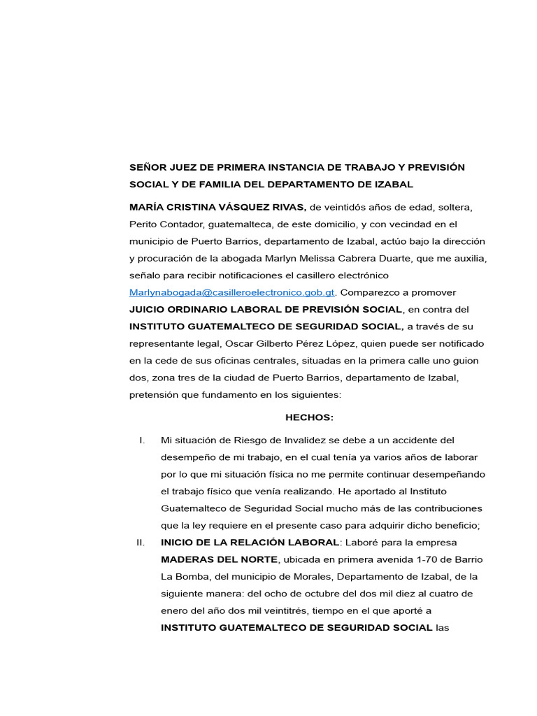 Demanda Ordinaria Laboral Reclamando Indemnización y Prestaciones ...