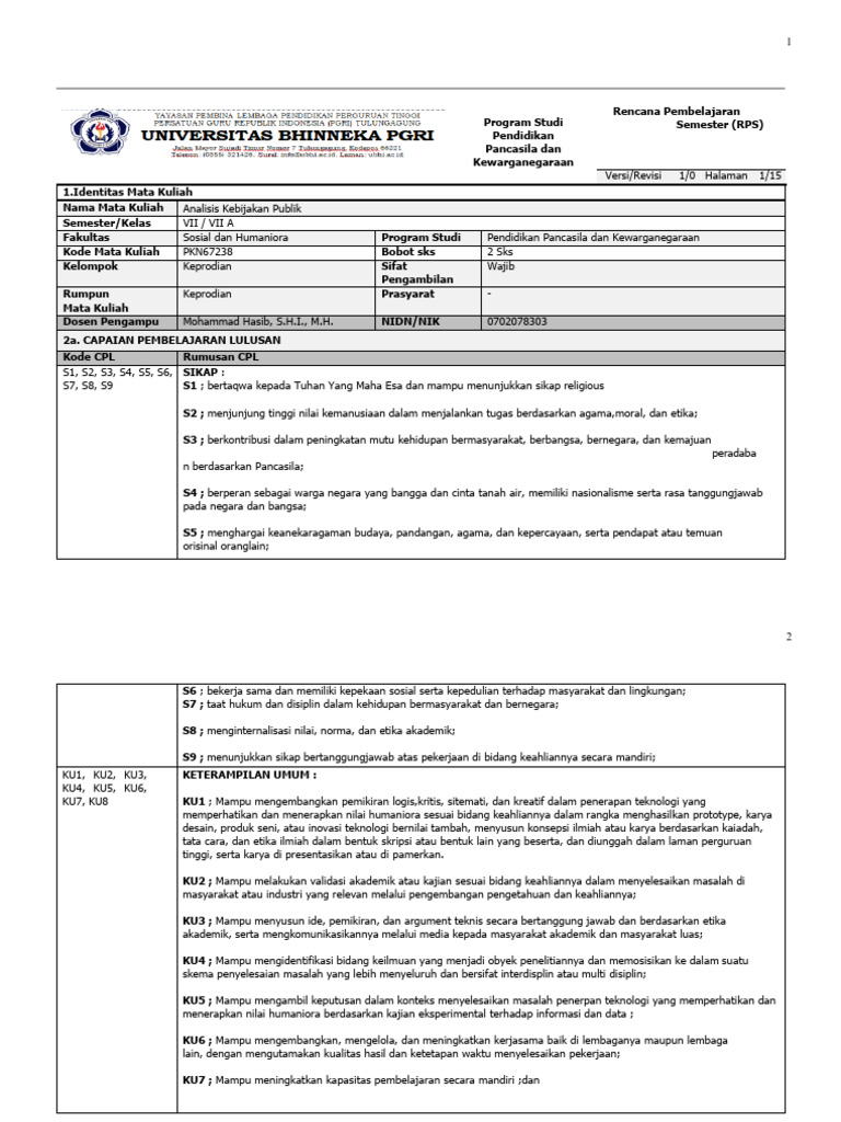 RPS Ubhi Analisis Kebijakan Publik Semester 7 | PDF | Karier & Perkembangan | Sains & Matematika