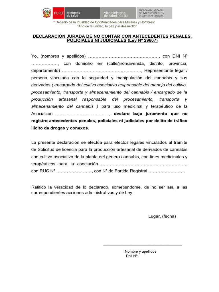 Cultivo Asociativo Perú: Declaración Jurada de No Contar Con ...