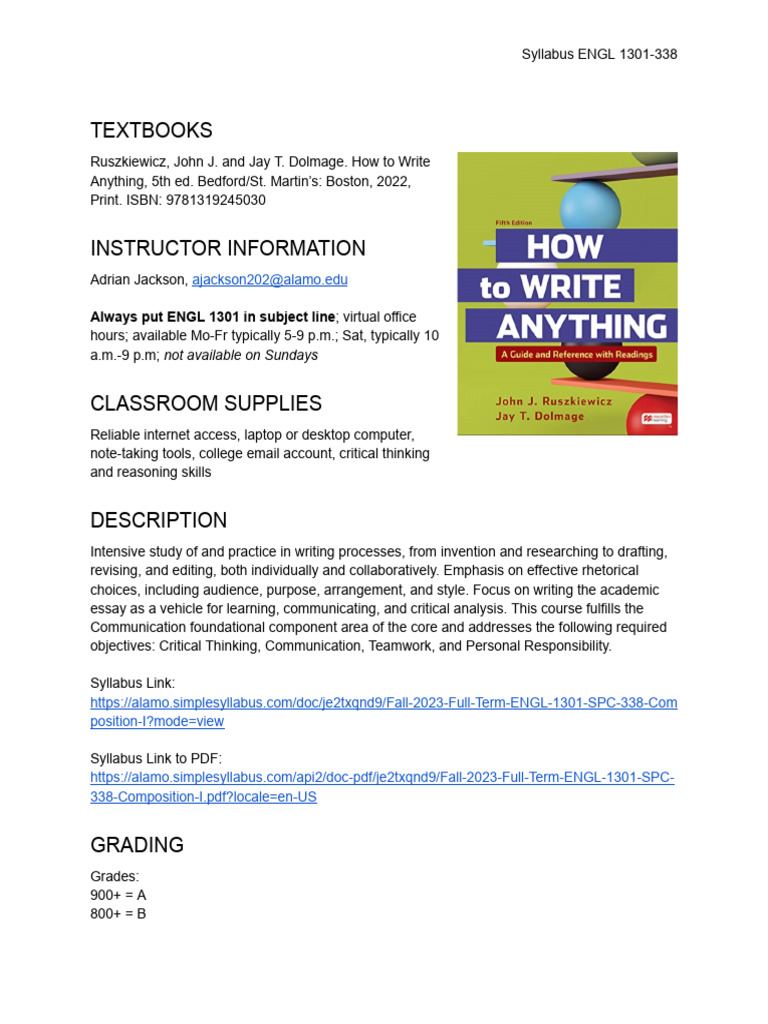 ENGL 1301 F23 Syllabus | PDF