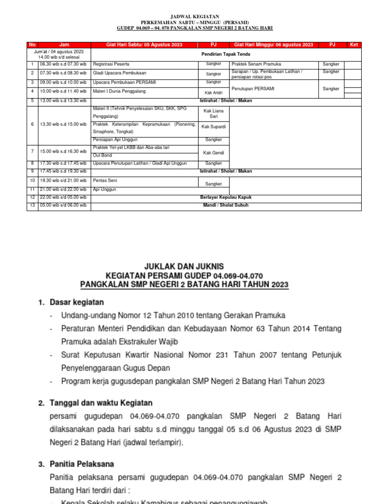 Jadwal Juklak Dan Juknis Persami 2023 | PDF