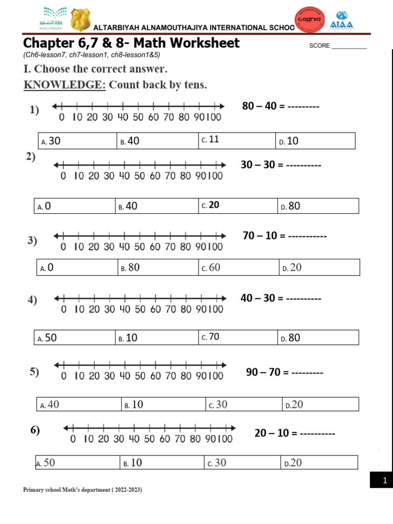 Chapter 6,7 & 8-Math Worksheet: . Choose The Correct Answer. KNOWLEDGE ...