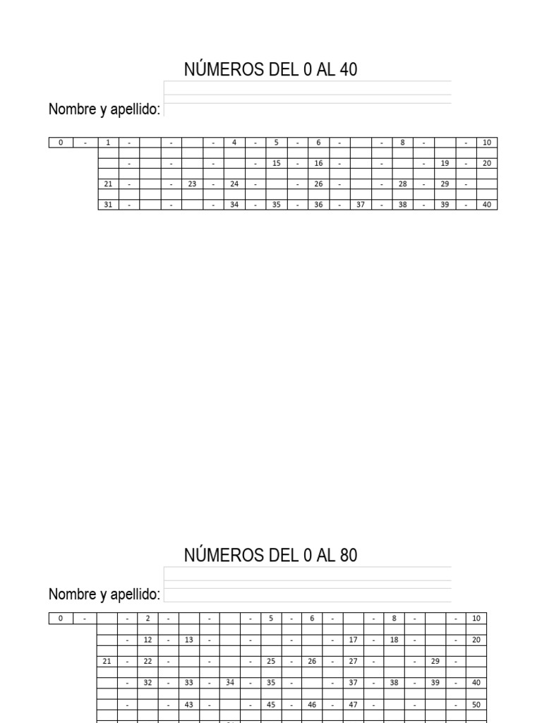 Lección de Numero 0-80 para Completar | PDF