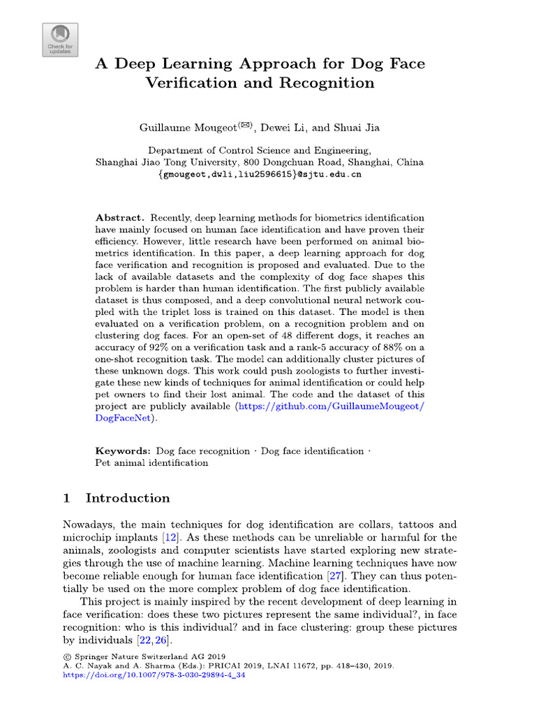 Dog Face Verification and Recognition | PDF