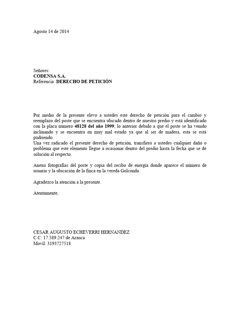 Derecho de Peticion Codensa Poste | PDF