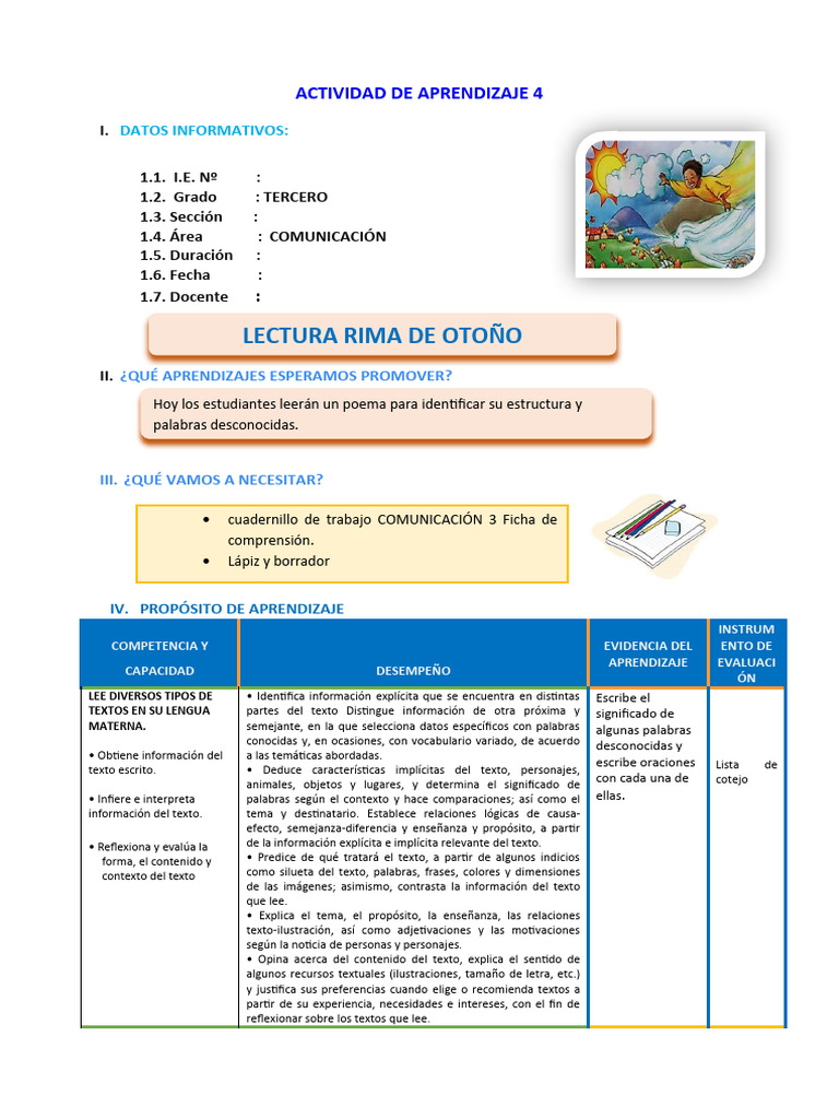 D4 A1 Sesión Com. Lectura Rima de Otoño | PDF | Aprendizaje | Evaluación
