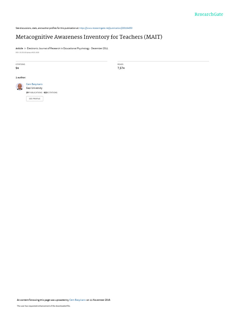 Metacognitive Awareness Inventoryfor Teachers MAIT | PDF