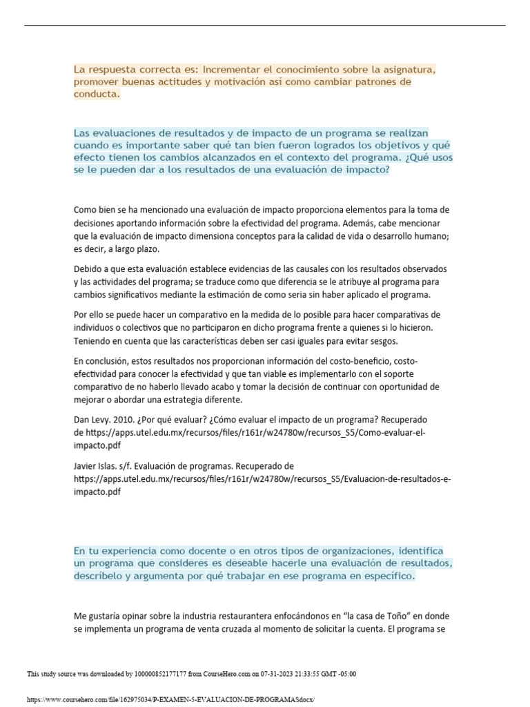p Examen 5 Evaluacion de Programas.docx | PDF | Evaluación | Información