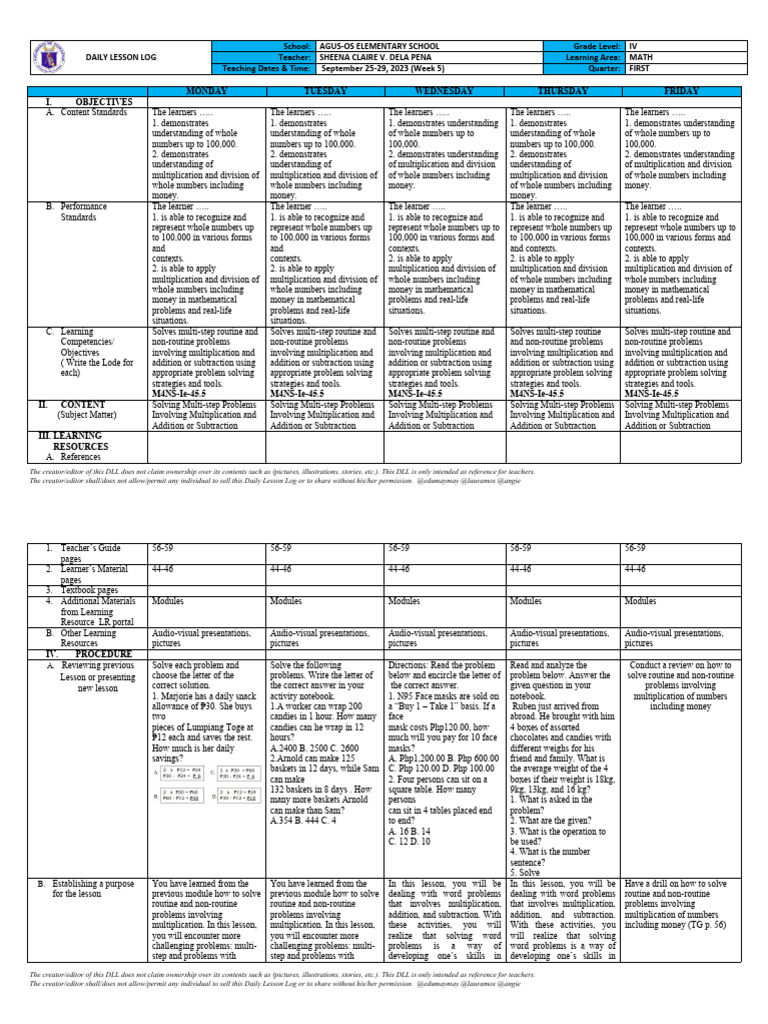 DLL - MATH 4 - Q1 - W5 - Solves Multi-Step Routine and Non-Routine ...