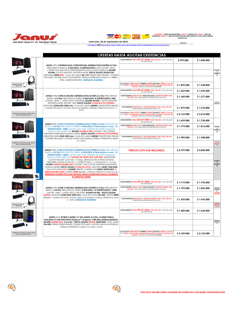 Lista de Precios JANUS 20 Septiembre 2023 Bogota | Descargar gratis PDF | Monitor de computadora ...