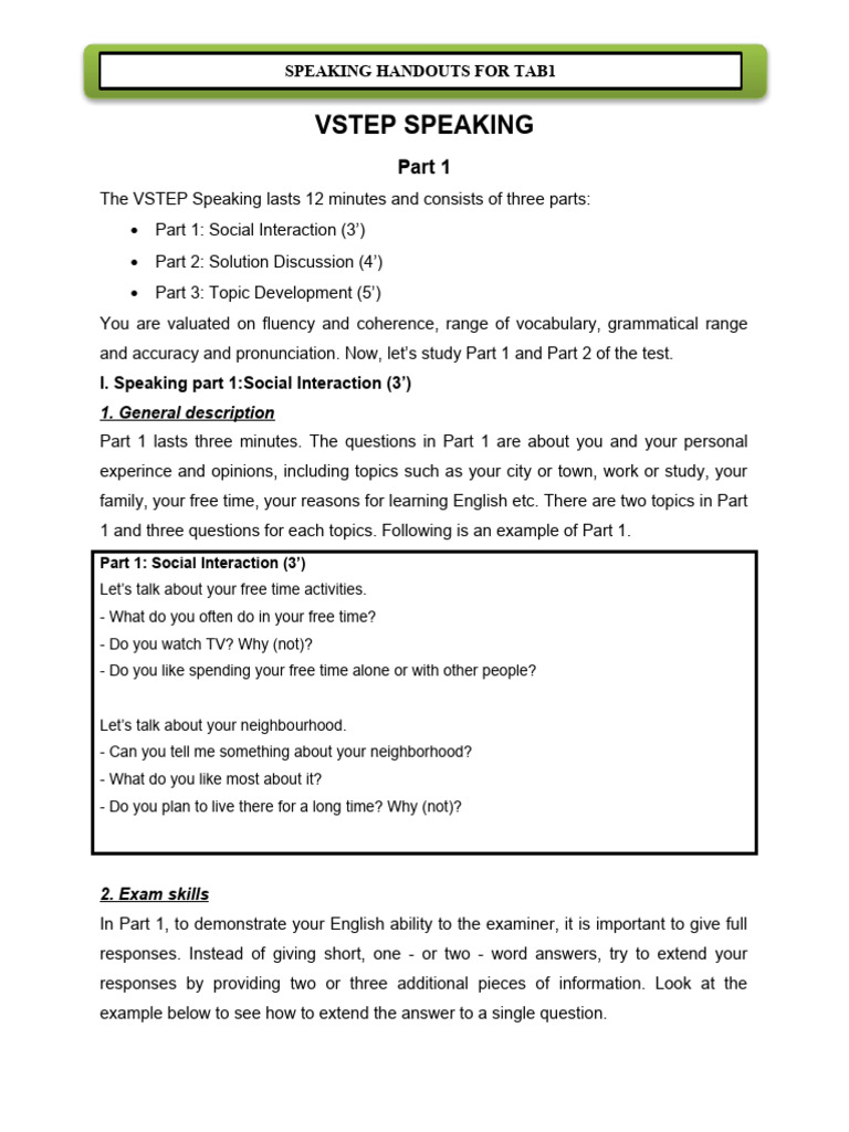 VSTEP Speaking Test Part 1 Guide | PDF | English Language | Fluency