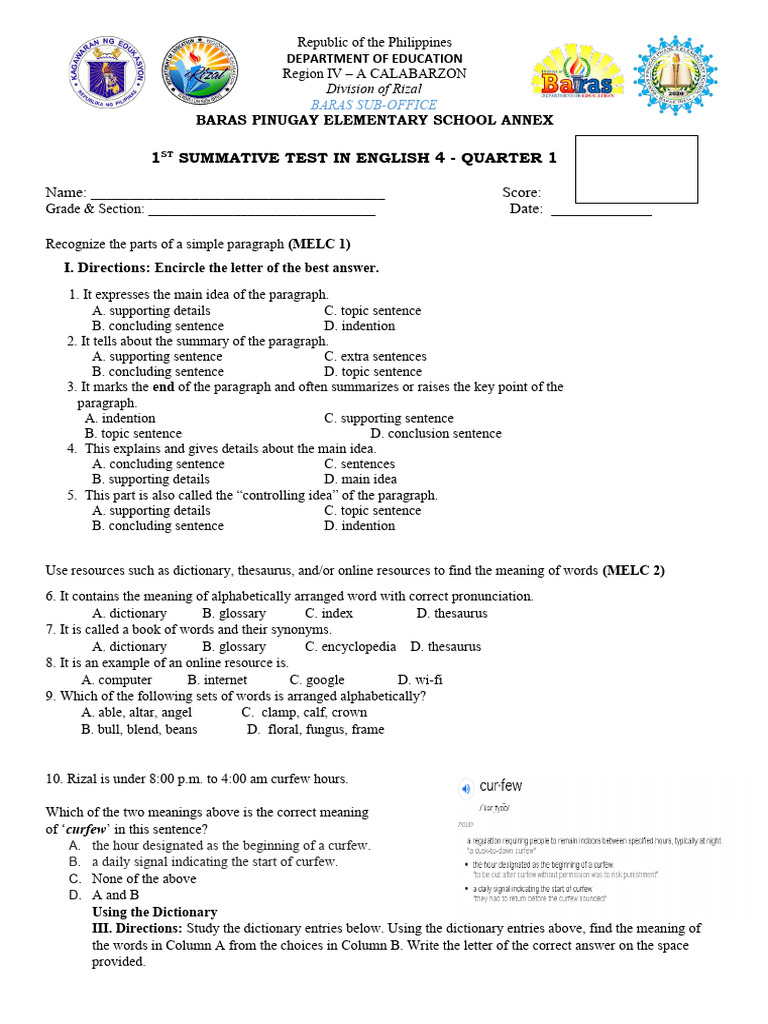 Grade 1 1st Quarter Summative Test | PDF | Paragraph | Dictionary