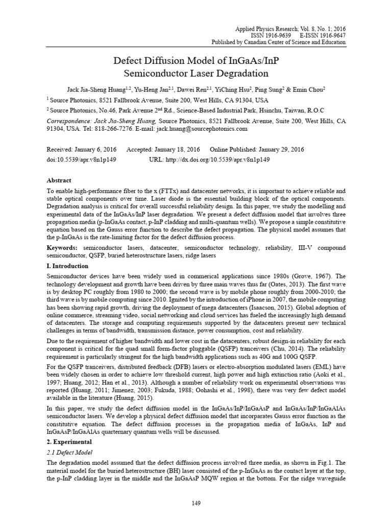Defect Diffusion Model of InGaAs-InP Semiconductor Laser Degradation ...