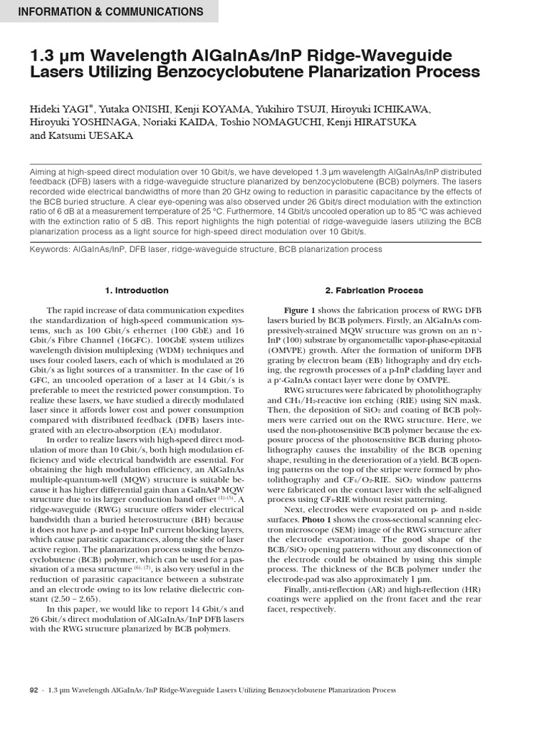 1.3 μm Wavelength AlGaInAs-InP Ridge-Waveguide | PDF | Laser | Photolithography